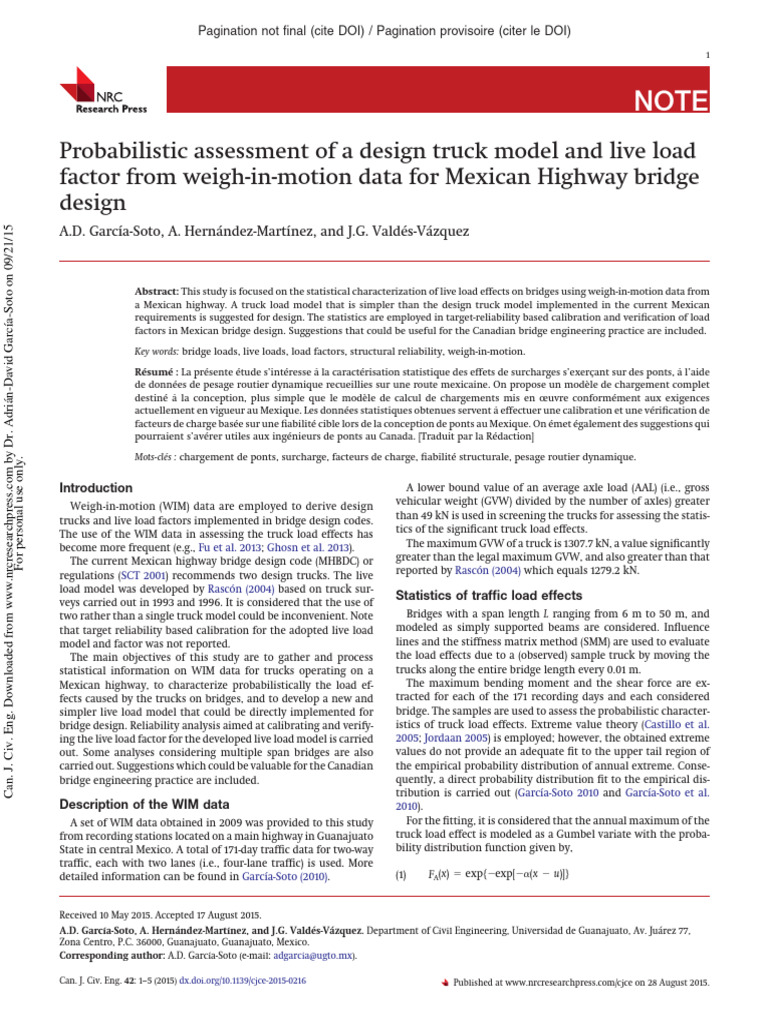 Probabilistic Assessment of A Design Truck Model and Live Load Factor From Weigh-In-Motion Data ...
