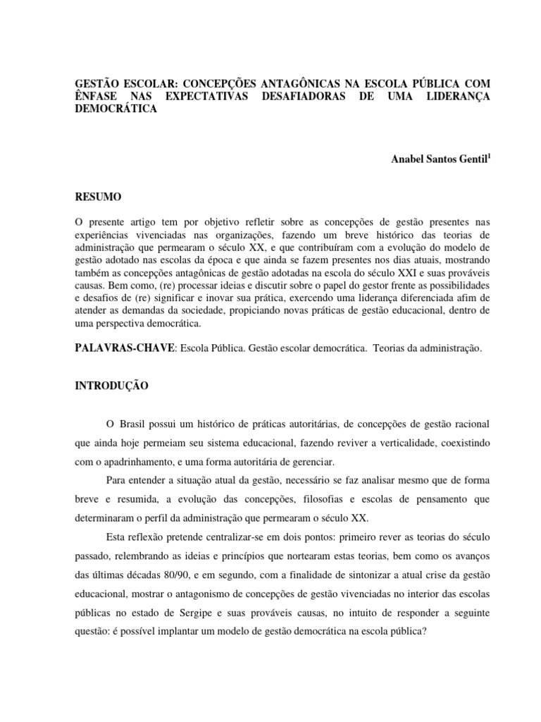 GESTÃO ESCOLAR CONCEPÇÕES ANTAGÔNICAS NA ESCOLA PÚBLICA - anabel | PDF ...
