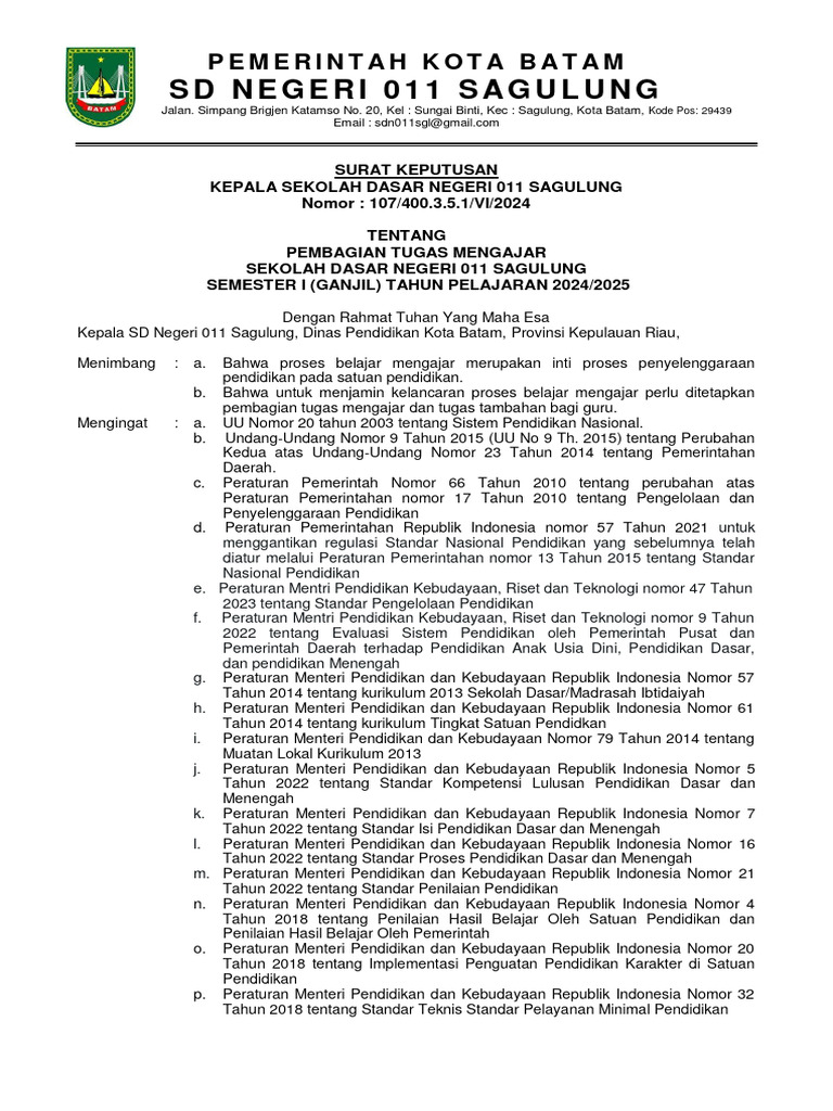 SK Pembagian Tugas TP. 2024-2025 | PDF