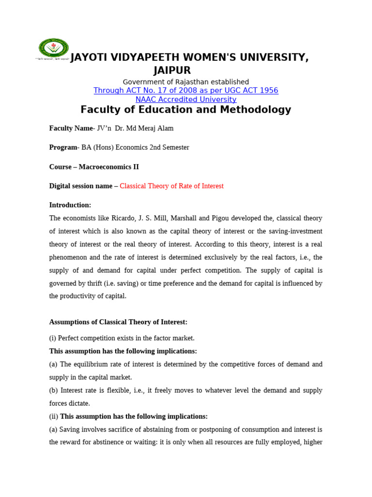 Classical Theory of Rate of Interest | PDF | Interest | Demand