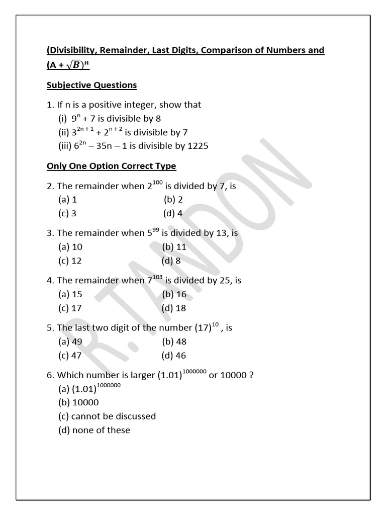 Binomial (Divisibility, Remainder Last Digits) | PDF | Numbers ...