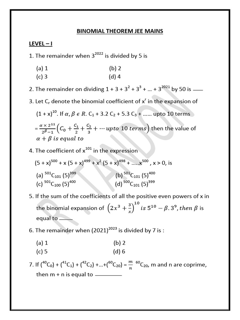 Binomial Theorem Jee Mains - Docx New | PDF | Summation | Numerical Analysis
