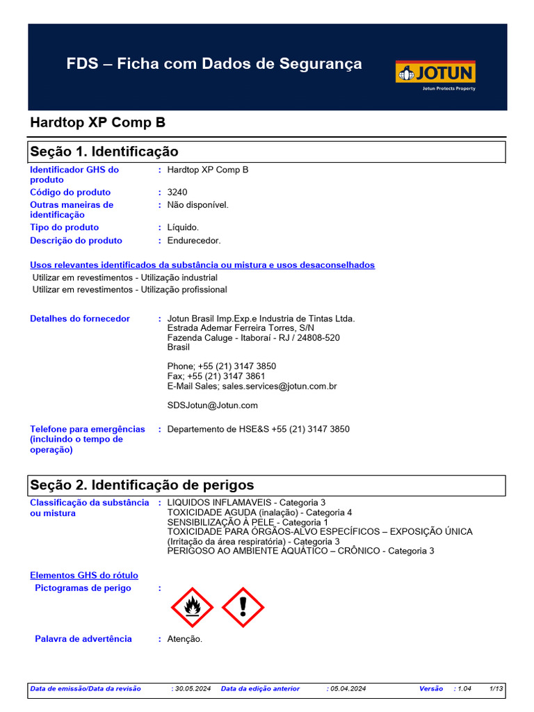 SDS 3240 Hardtop XP Comp B Por BR | PDF | Celsius | Solubilidade