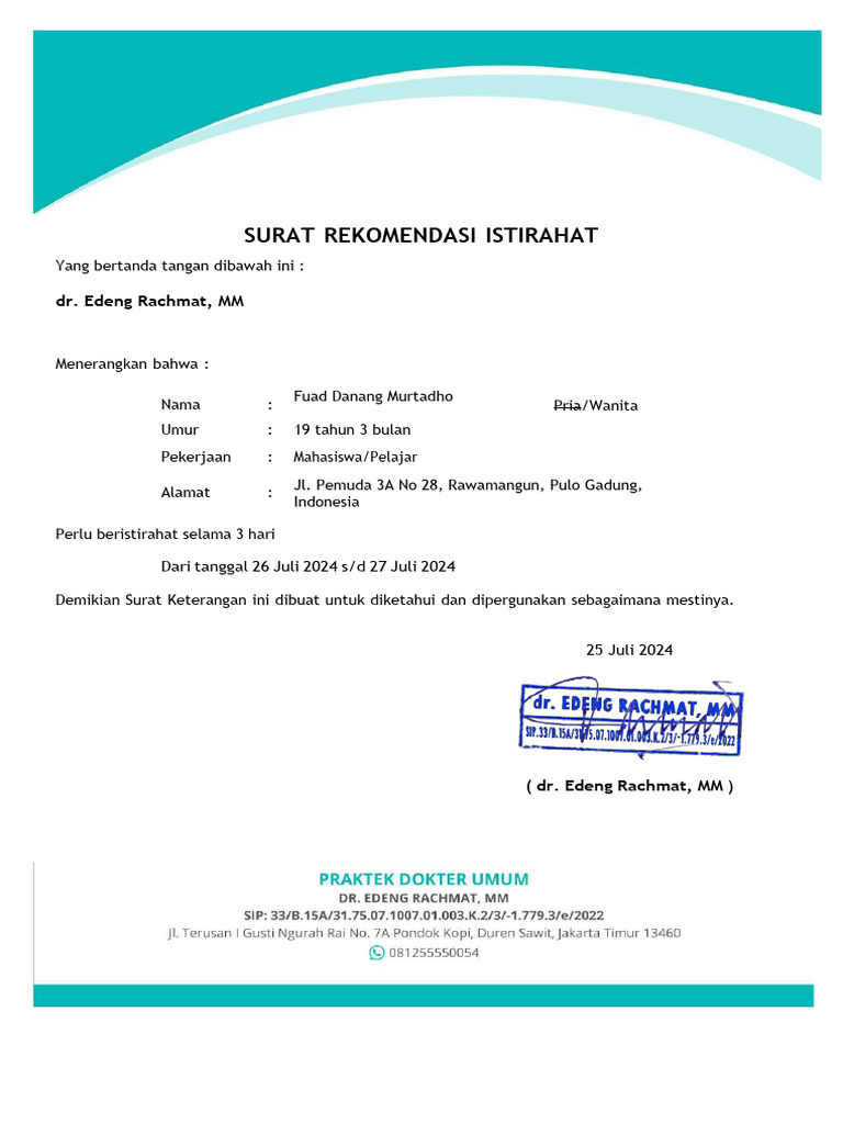 Surat Istirahat 3 Hari oleh dr. Edeng Rachmat | PDF | Karier & Perkembangan