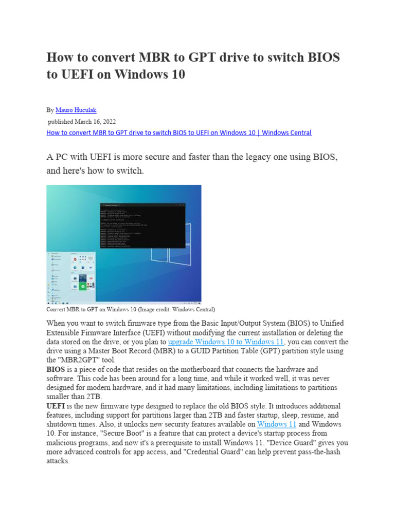 How To Convert MBR To GPT Drive To Switch BIOS To UEFI On Windows 10 | PDF | Bios | Booting