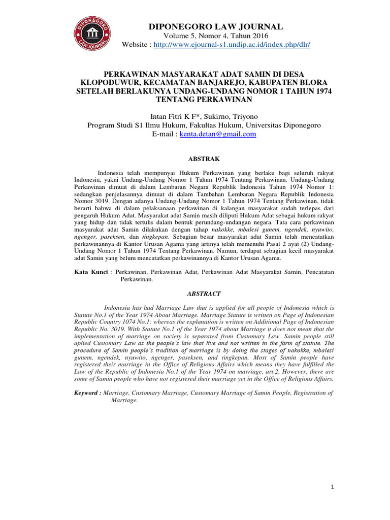 Perkawinan Masyarakat Adat Samin Di Desa | PDF