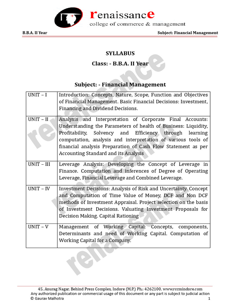 Financial Management Syllabus B.B.A. II Year | PDF | Equity (Finance ...