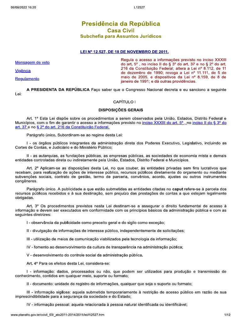 Lei Federal #12.527-2011 - LAI | PDF