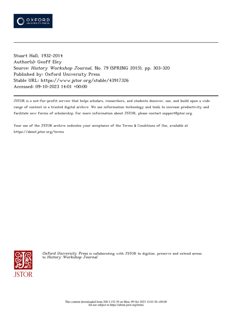 Hall-Stuart. Obiruario. Geoff Eley. | PDF | Cultural Studies | Fascism