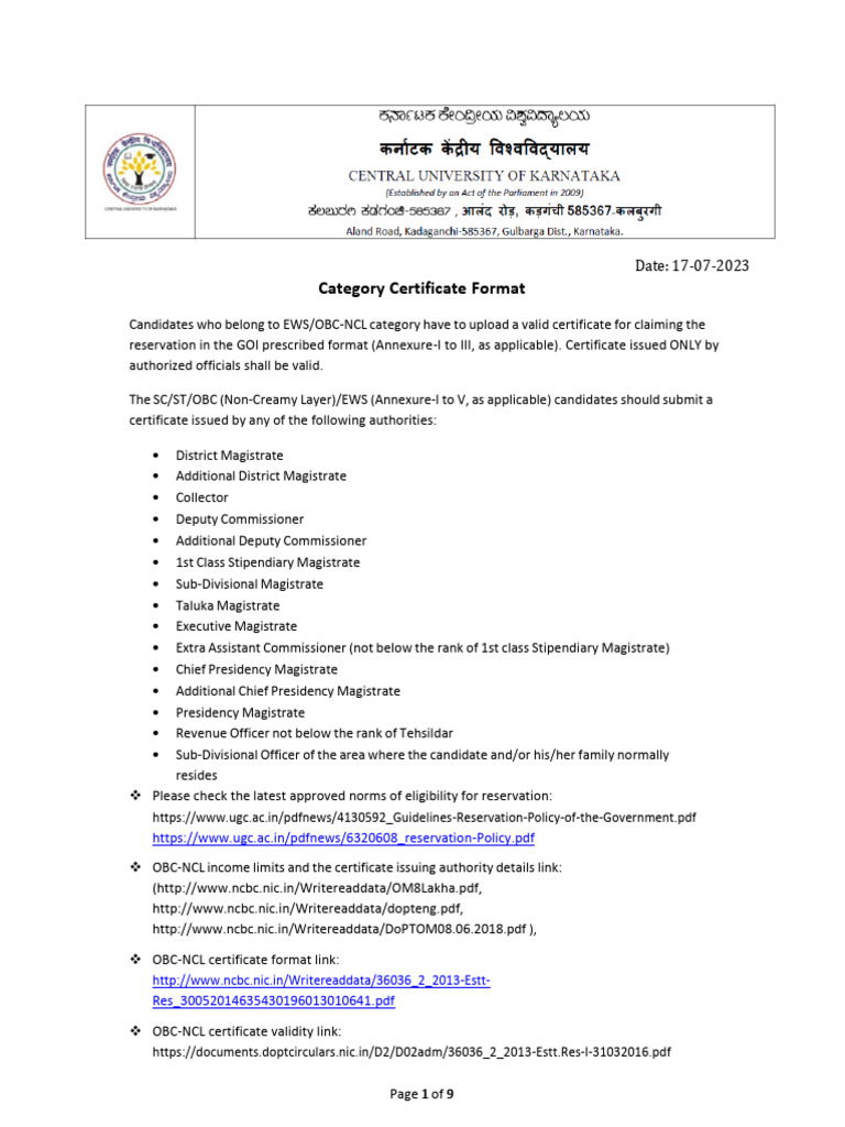 Reservation Certificate Guidelines | PDF | Government Of India