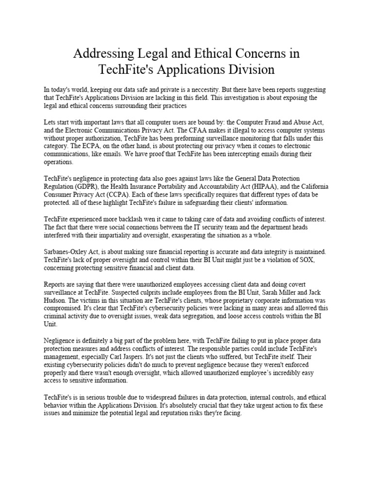 Addressing Legal and Ethical Concerns in TechFite | PDF | Privacy ...