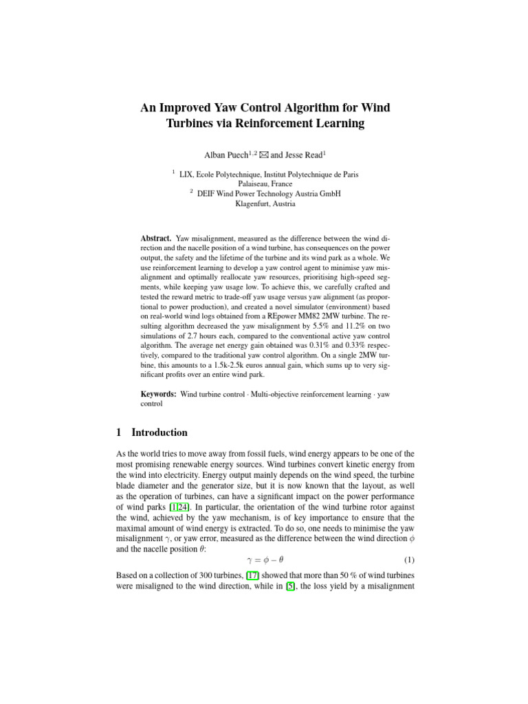 Camera Ready An Improved Yaw Control Algorithm For Wind Turbines Via Reinforcement Learning ...