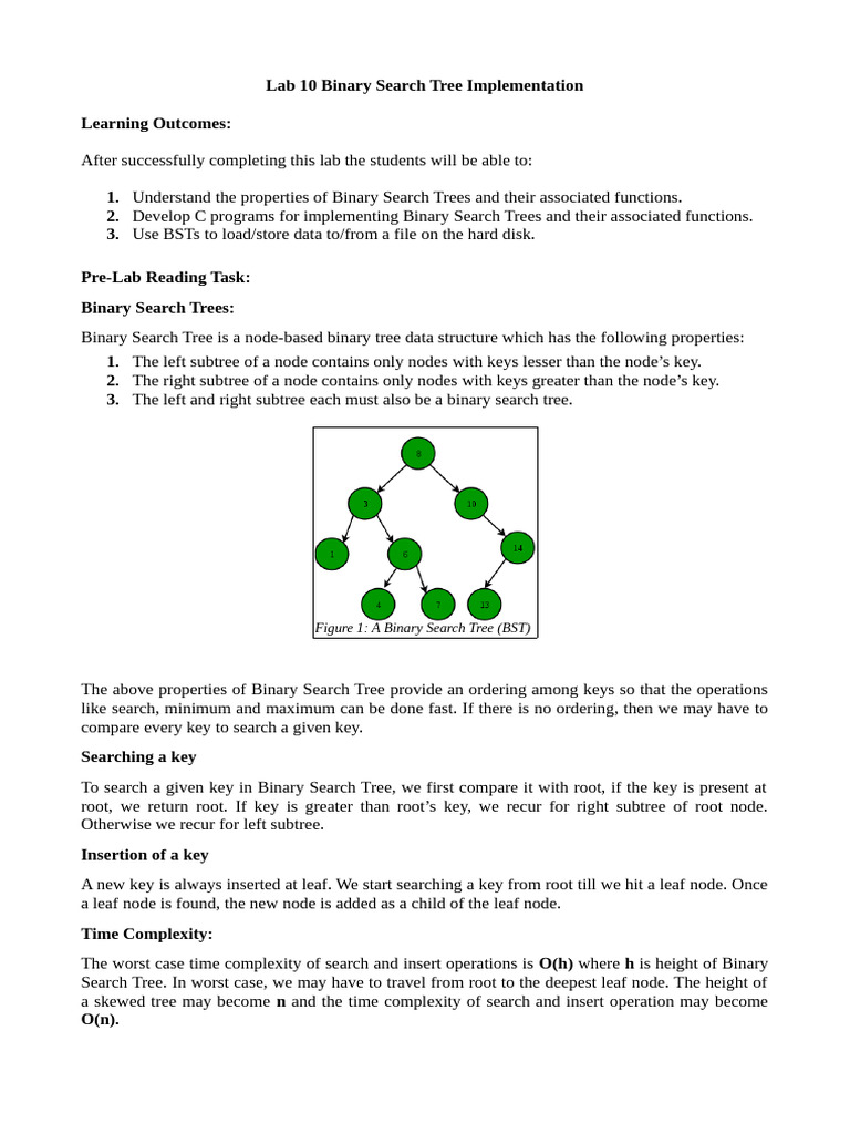 Lab 10 Binary Search Trees Pdf Algorithms Algorithms And Data 9087