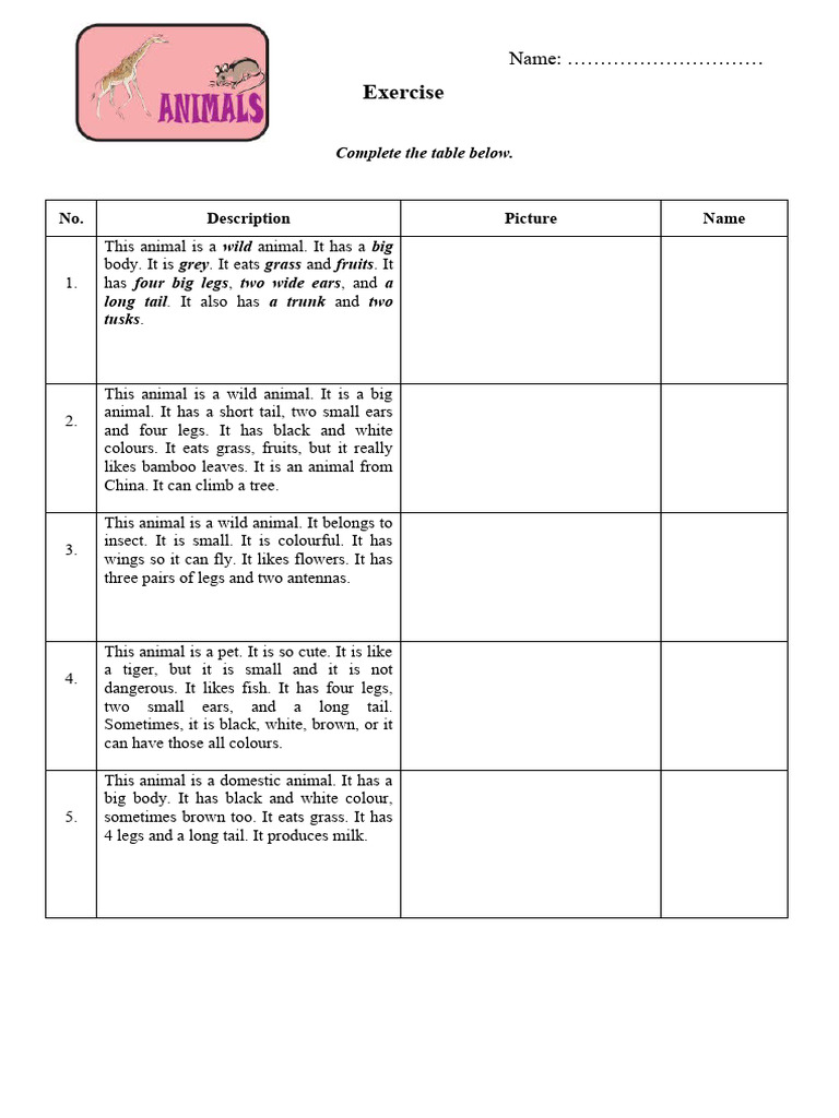 Animals-Description 50353 | PDF | Language Arts & Discipline