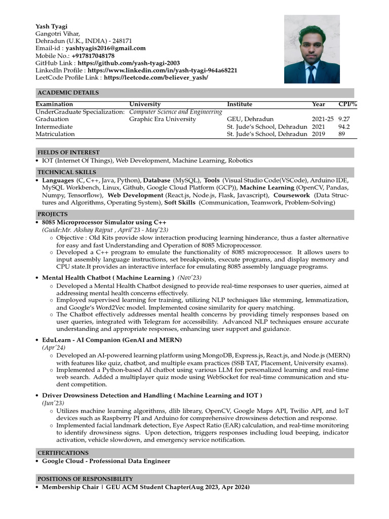 Yash - Resume - Pooja Verma | PDF | Internet Of Things | Artificial Intelligence