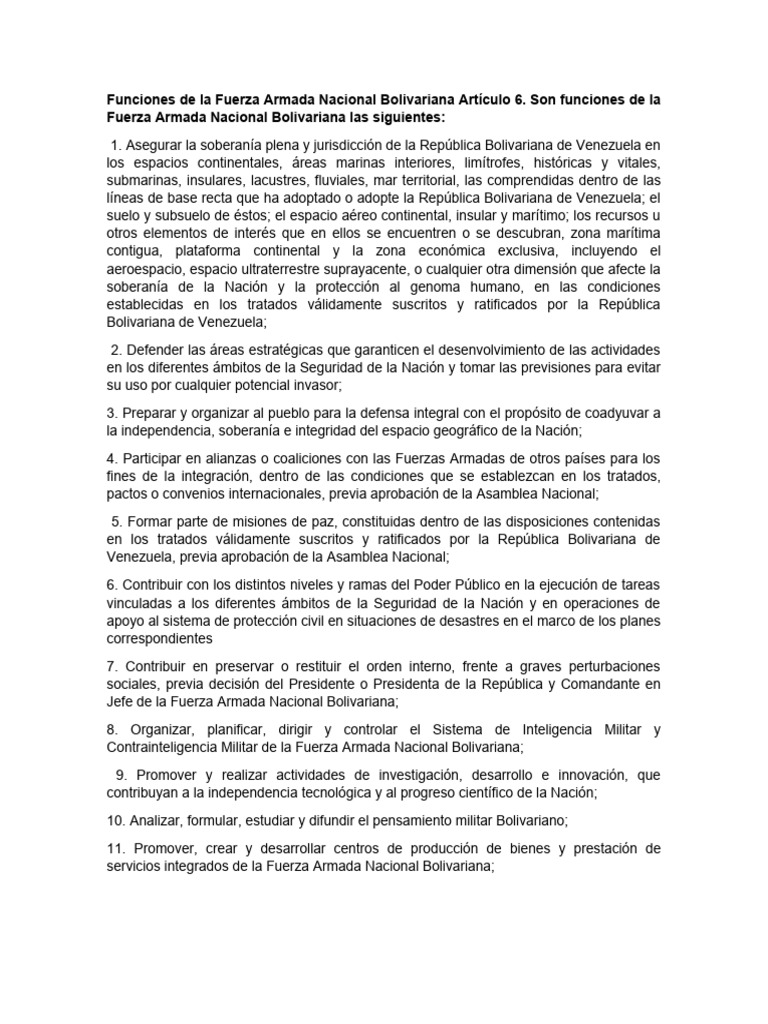Funciones De La Fuerza Armada Nacional Bolivariana Artículo 6 Pdf 5290