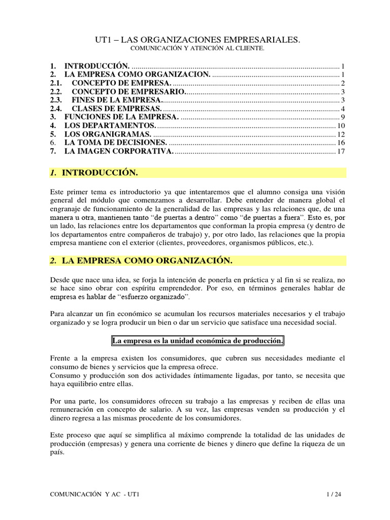 A UT1 Las Organizaciones Empresariales Con Ejercicios en DOCX 18-19 | PDF | Business | Toma de ...