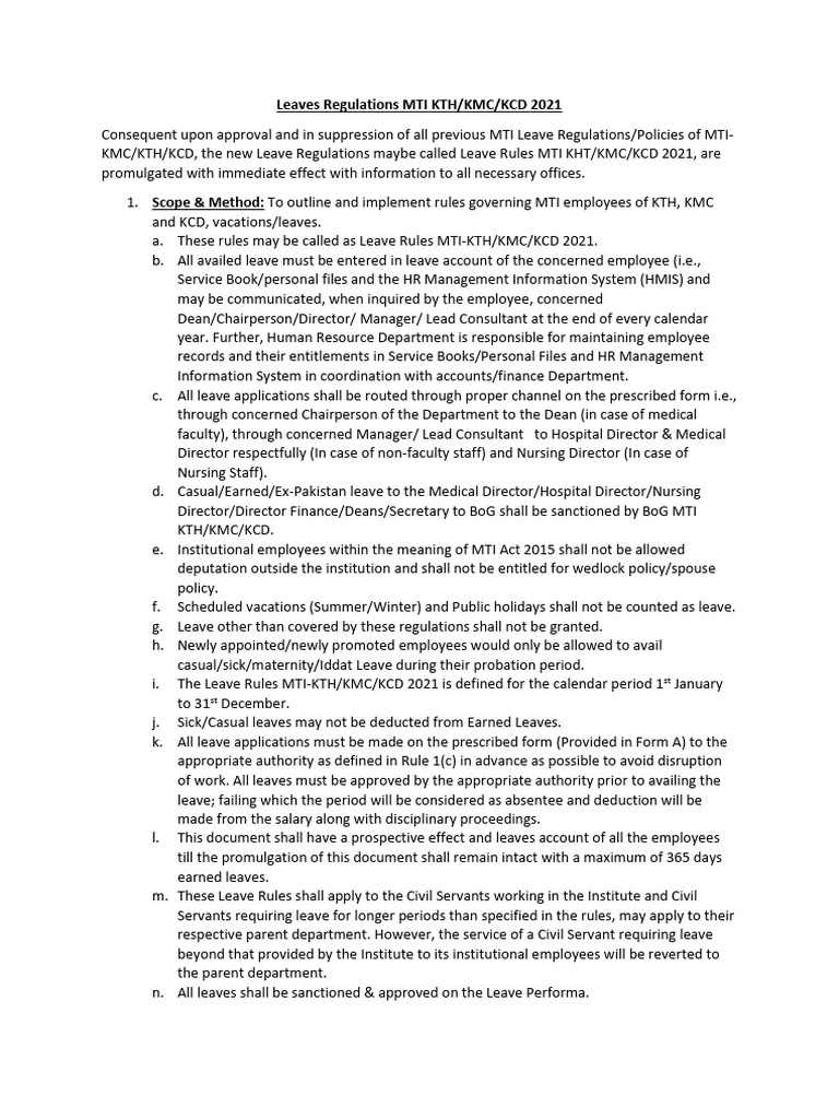 Leaves Regulations 2021 MTI KTH KMC KCD 1 | PDF | Sick Leave | Salary