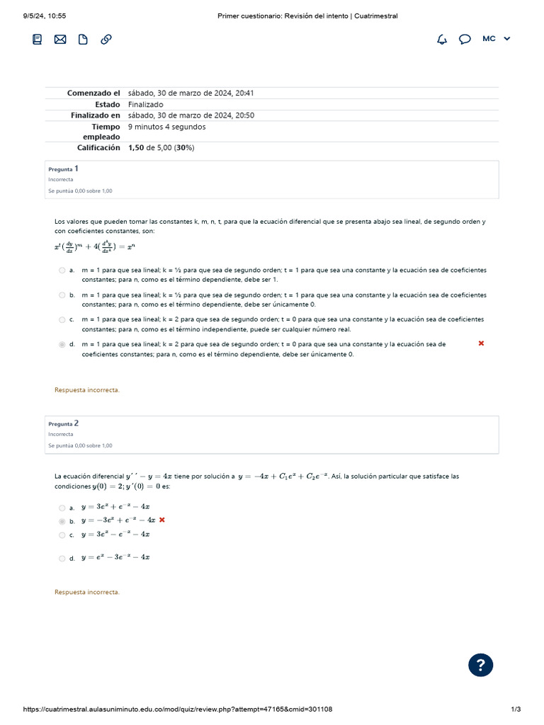 Revisión de Cuestionario de Ecuaciones Diferenciales | PDF | Ecuaciones | Ecuaciones diferenciales