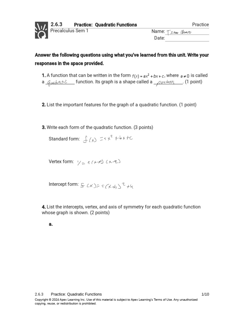 2.6.3 Practice - Quadratic Functions (Practice) | PDF | Quadratic ...