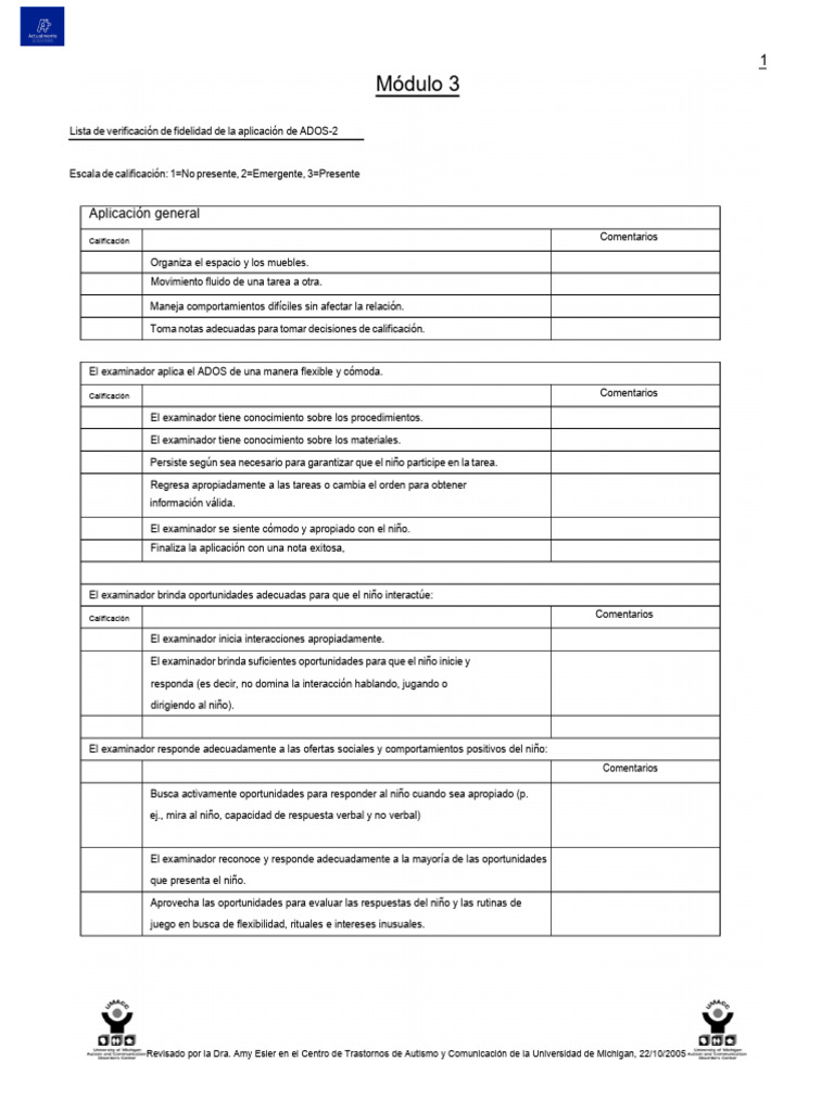 Module 3 Avaliação de Fidelidade ADOS 2 - Espanhol | PDF | Espectro ...