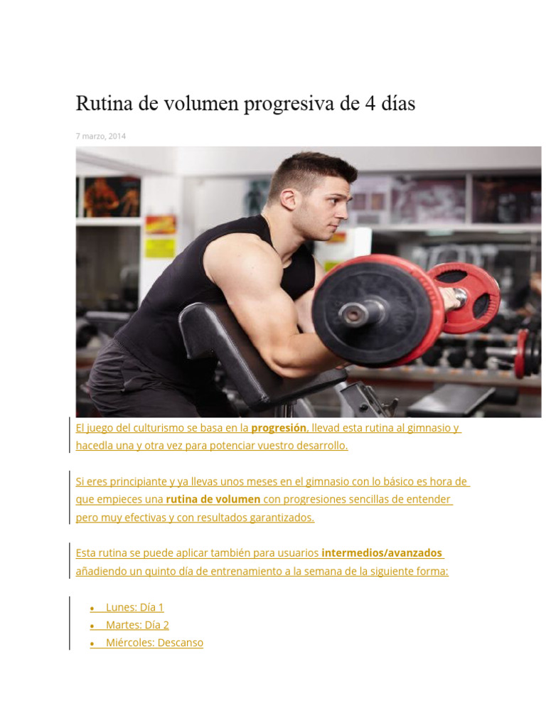 Rutina de Volumen Progresiva de 4 Días | PDF | Entrenamiento de fuerza | Manejo de la obesidad
