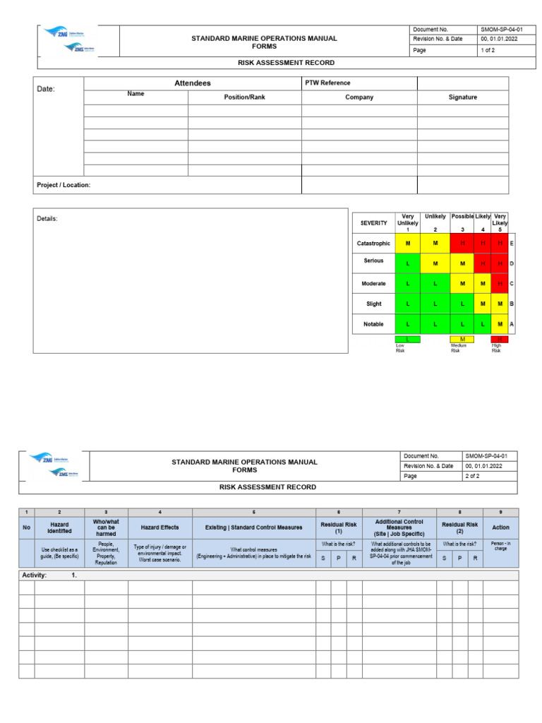 SMOM SP 04 01 Risk Assessment Record | PDF | Risk | Risk Assessment