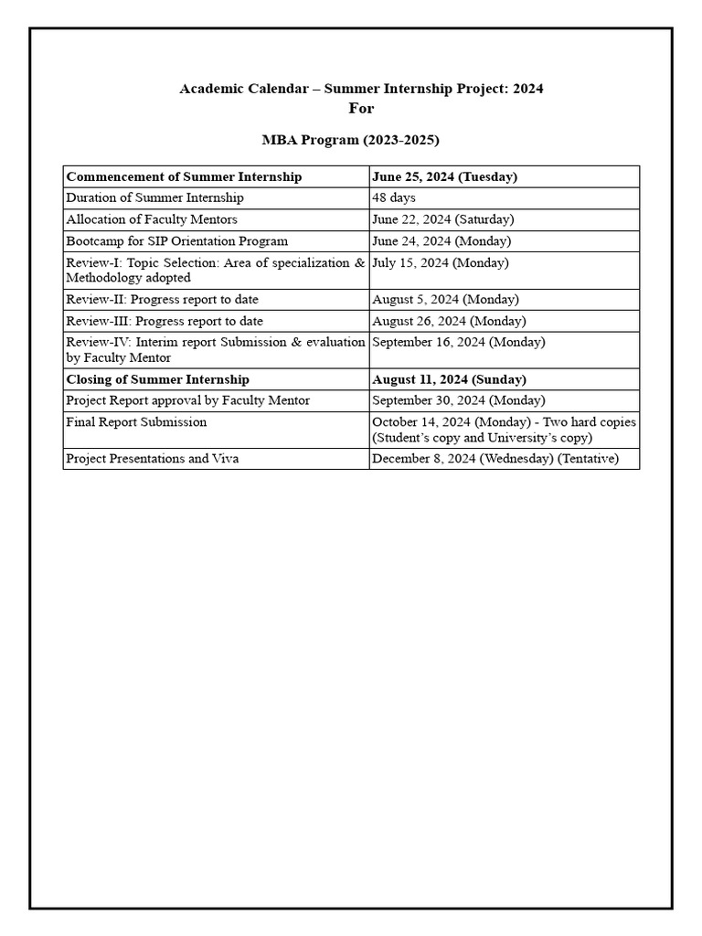 MBA-SIP2024 Calendar-Schedule | PDF
