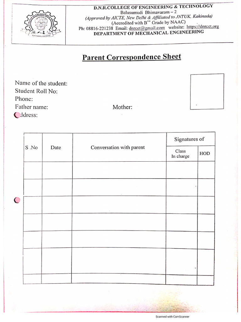Parent Correspondence Sheet | PDF
