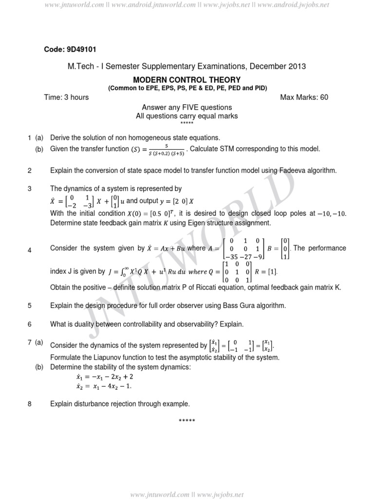 9D49101 Modern Control Theory | PDF | Control Theory | Applied Mathematics