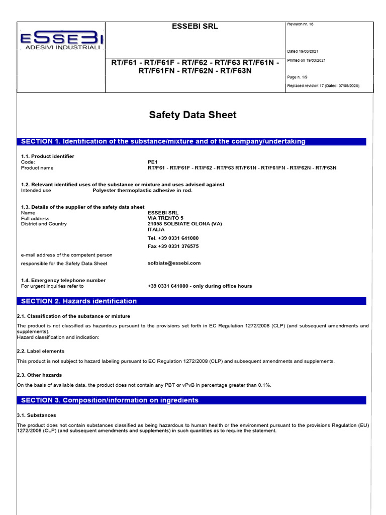 Safety Data: Polyester Adhesive | PDF | Dangerous Goods | Personal ...