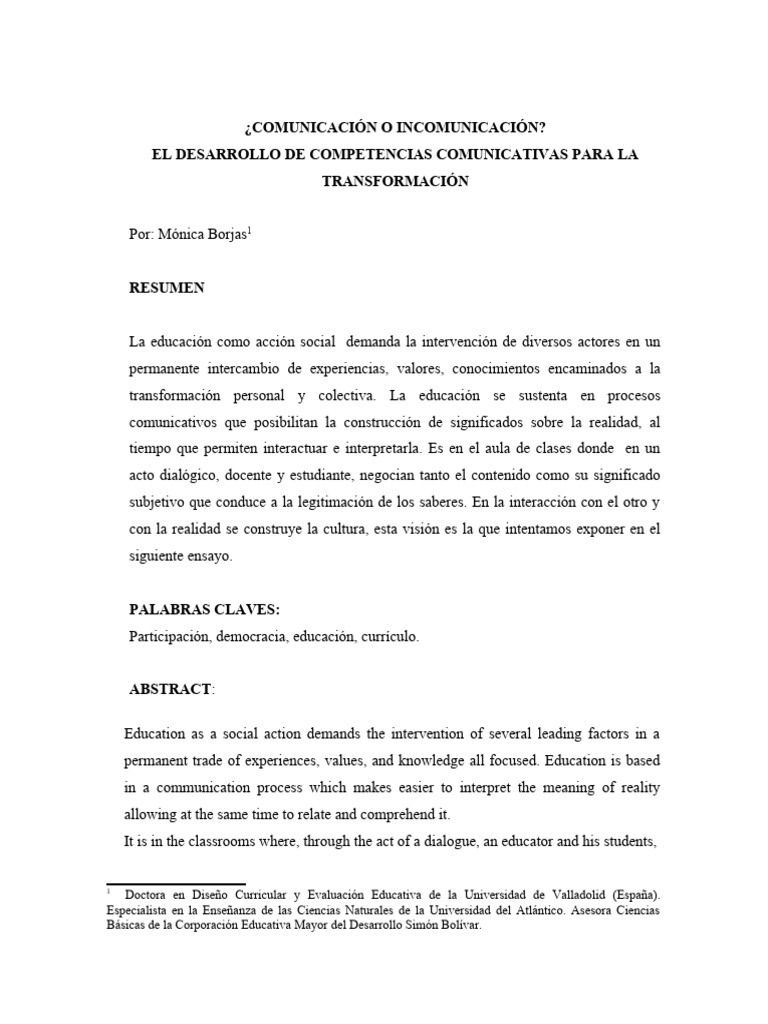 Ensayo Sobre COMUNICACIÓN O INCOMUNICACIÓN | PDF | Plan de estudios ...
