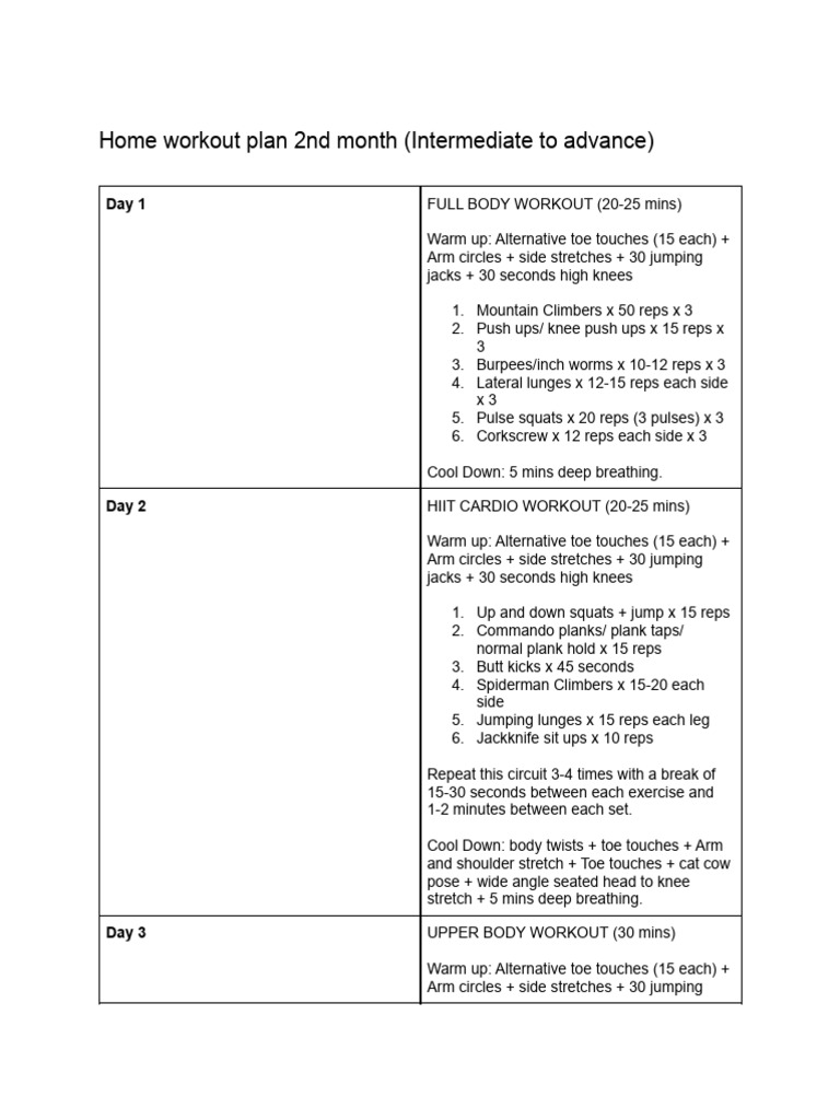 Intermediate Home Workout Plan | PDF | Physical Exercise | Hatha Yoga