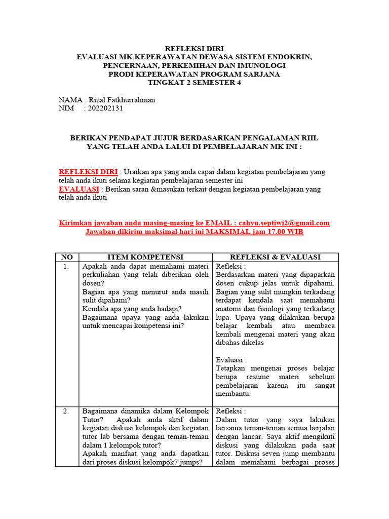 Rizal Fatkhurrahmann - FORM REFLEKSI DIRI & EVALUASI MK KMB2 | PDF | Karier & Perkembangan