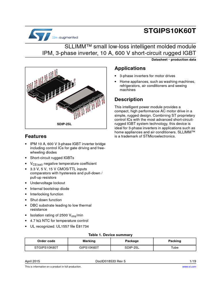 STGIPS10K60T STMicroelectronics | PDF | Power Inverter | Electrical Engineering
