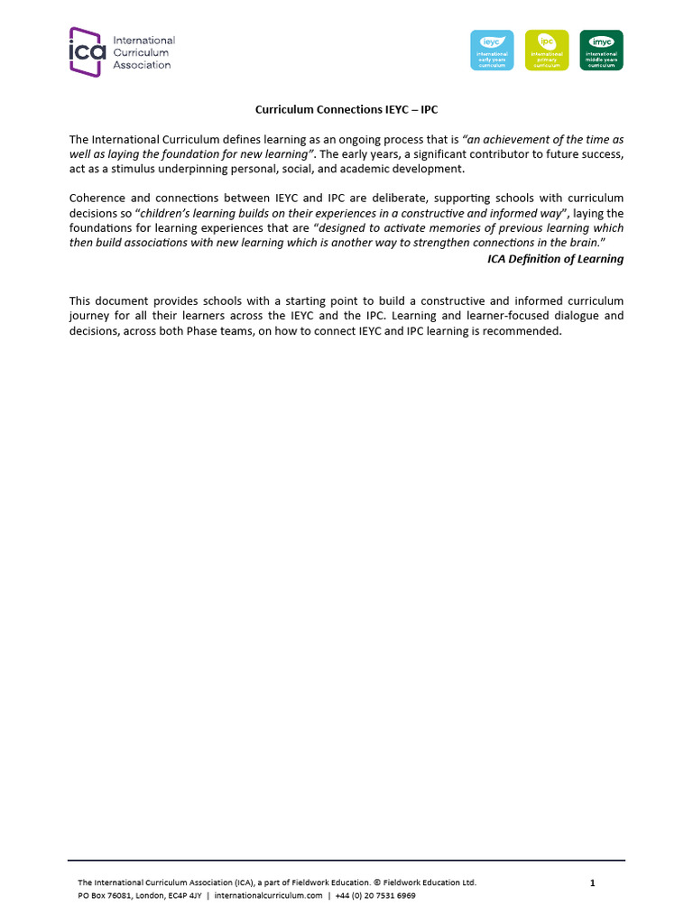 IPC Curriculum Connections Overview | PDF | Curriculum | Learning