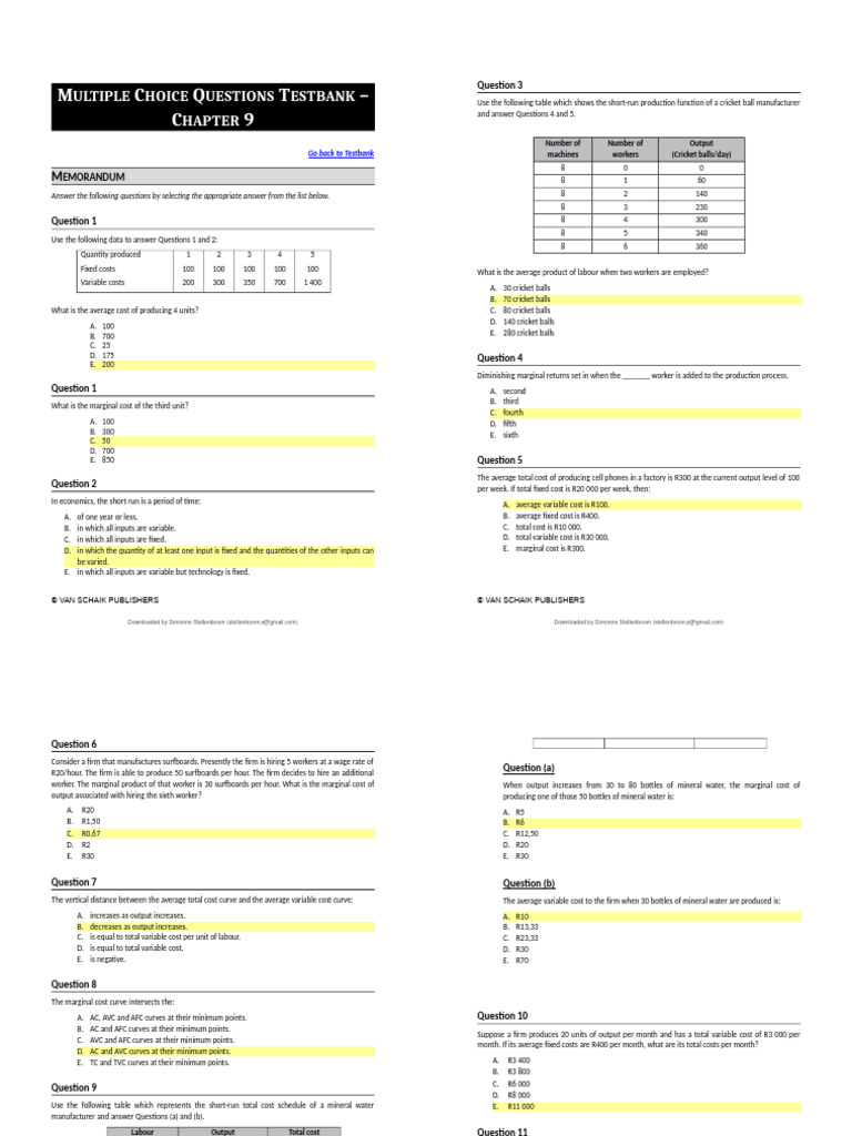 Economics Testbank: Short-Run Costs & Production | PDF | Marginal Cost ...