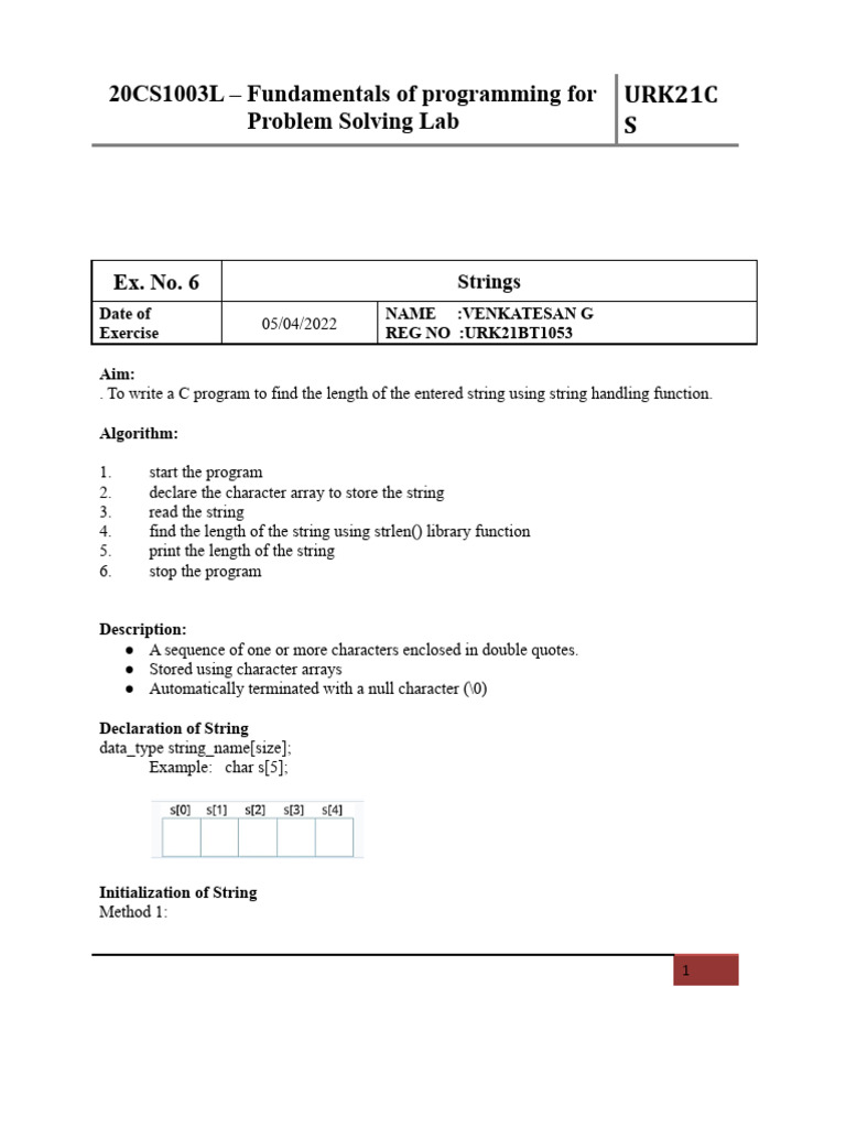 Ex No 6 FUNDAMENTALS OF C PROGRAMMING | PDF | String (Computer Science) | Applied Mathematics