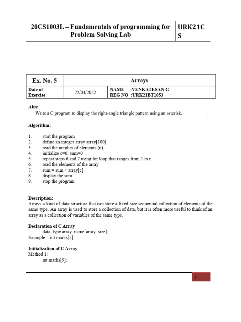 Exp 5 Fundamentals Of C Programming By Urk21bt1053 Pdf Integer Computer Science Applied