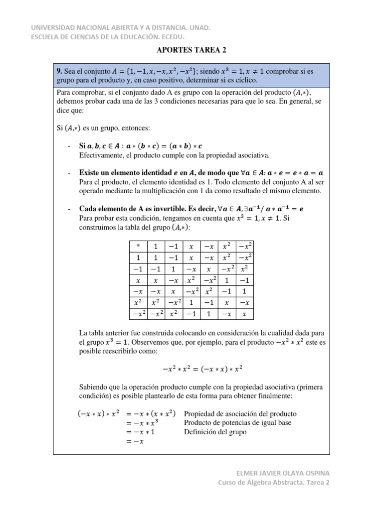 Tarea2 ElmerJavierOlayaOspina | PDF | Grupo (Matemáticas) | Conjunto (Matemáticas)