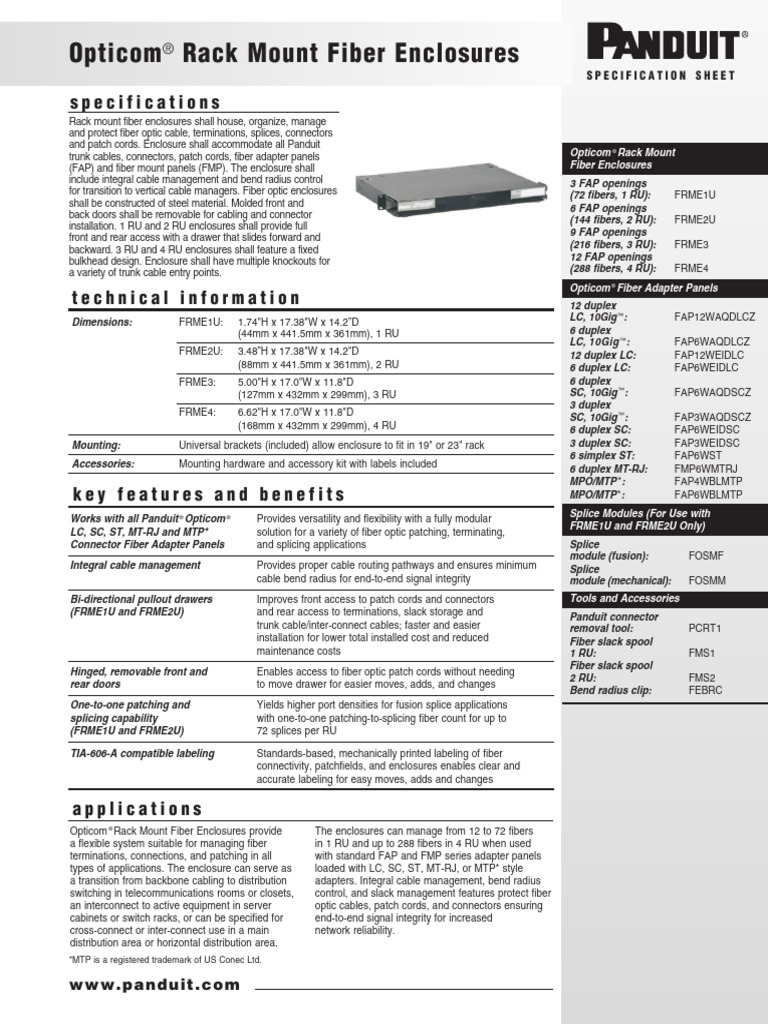 Opticom Rack Mount Fiber Enclosures: Specifications | PDF | Optical ...