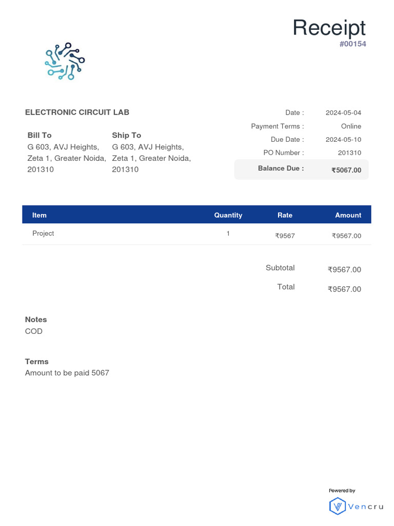 Electronic Circuit Lab Receipt #00154 | PDF