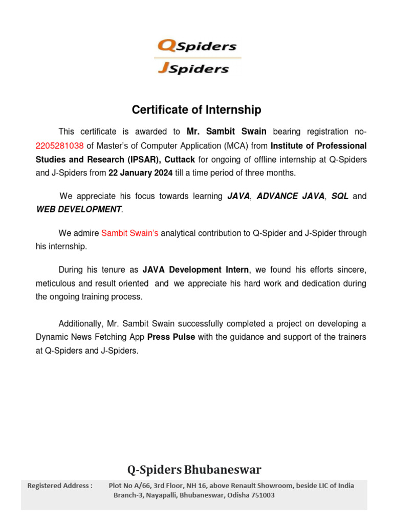 Qspiders Internship Certificate | PDF | Career & Growth | Business