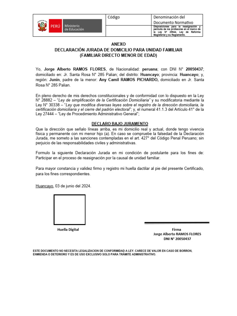 Anexo 07 Declaracion Jurada para Unidad Familiar Directo Menor de Edad | PDF | Documento de ...