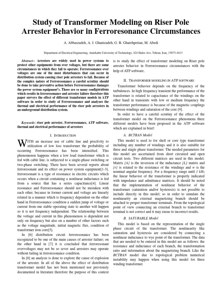 Study of Transformer Modeling on Riser Pole Arrester Behavior in Ferroresonance Circumstances ...