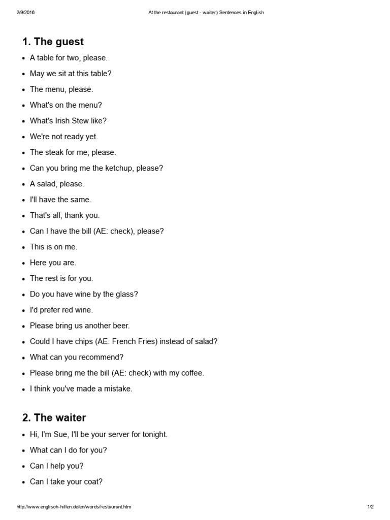 At The Restaurant (Guest - Waiter) Sentences in English | PDF