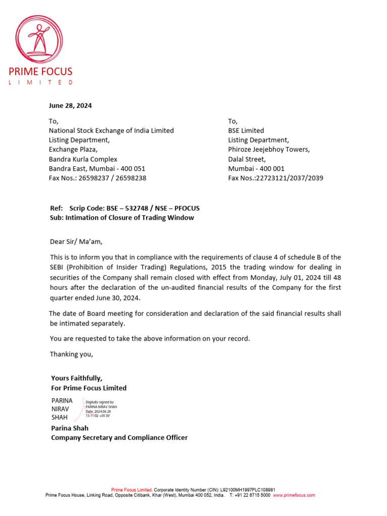 Closure of Trading Window June 30 2024 | PDF
