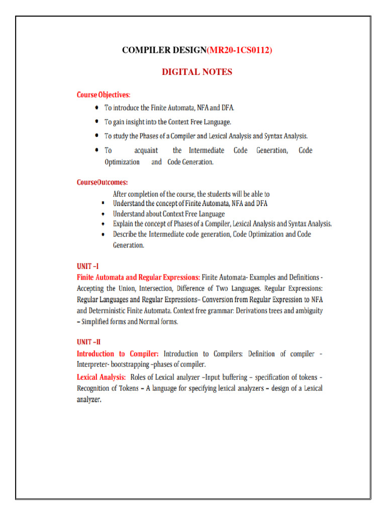 Cd Digital Notes Cse Aiml Pdf Automata Theory Compiler 