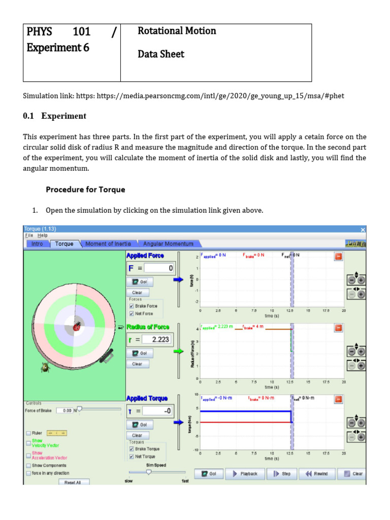 PHYS 101lab6 - DataSheet | PDF | Torque | Angular Momentum