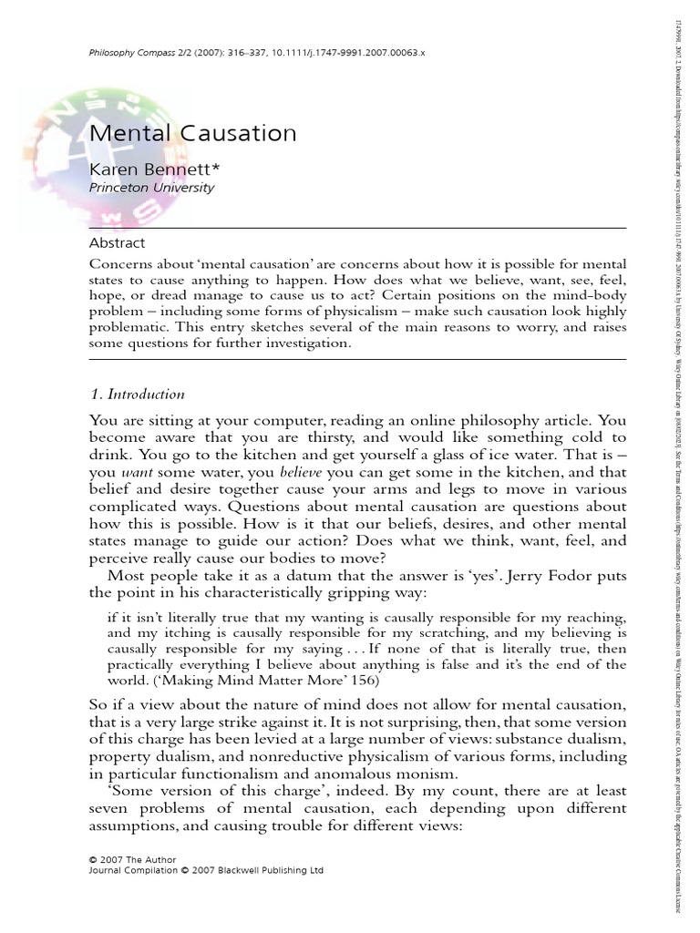 Bennett K. (2007) - Mental Causation. Philosophy Compass. | PDF | Philosophy Of Mind | Causality